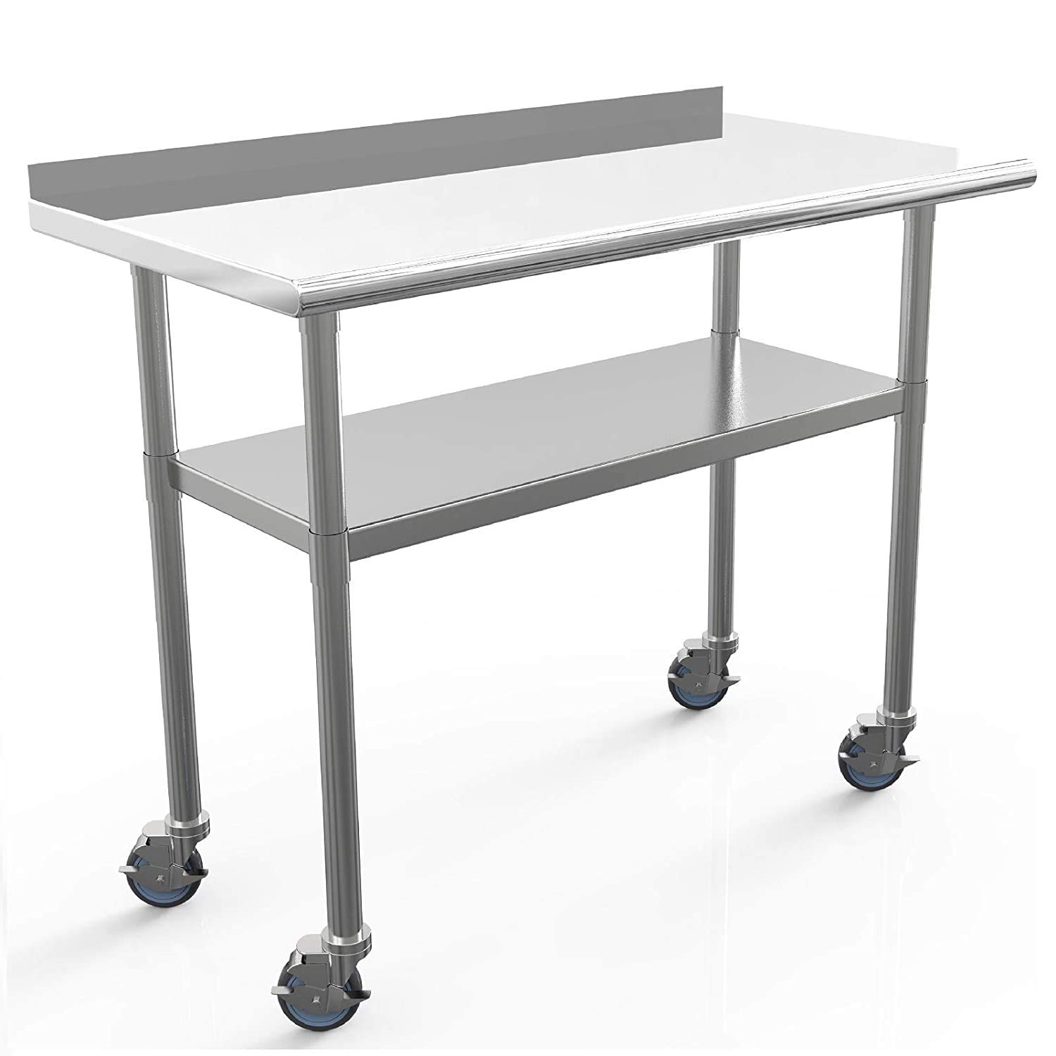 Nurxiovo Commercial Work Table Stainless Steel Table 48 x 24 Inches Heavy Duty Workbench Industrial Restaurant Food Work Tables for Shop Worktop with 1 1/2" Backsplash /4 Caster Wheels