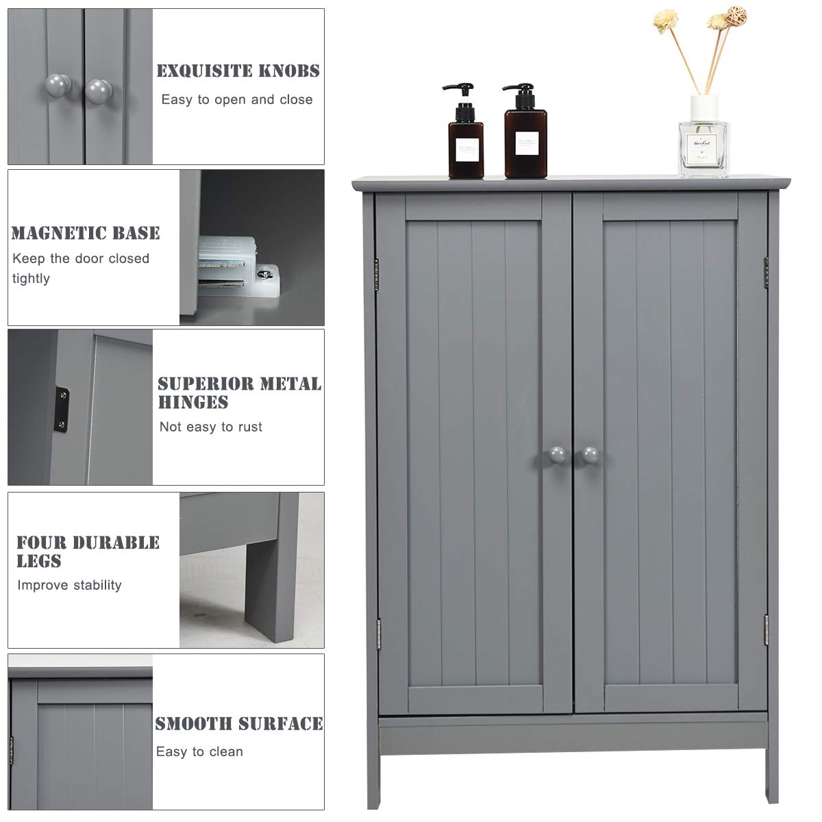 Tangkula Bathroom Floor Cabinet, Freestanding Storage Cabinet with Double Doors and Shelf, Modern Home Furniture, Wooden Home Organizer for Living Room, Bathroom Storage Cabinet, Grey