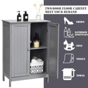 Tangkula Bathroom Floor Cabinet, Freestanding Storage Cabinet with Double Doors and Shelf, Modern Home Furniture, Wooden Home Organizer for Living Room, Bathroom Storage Cabinet, Grey