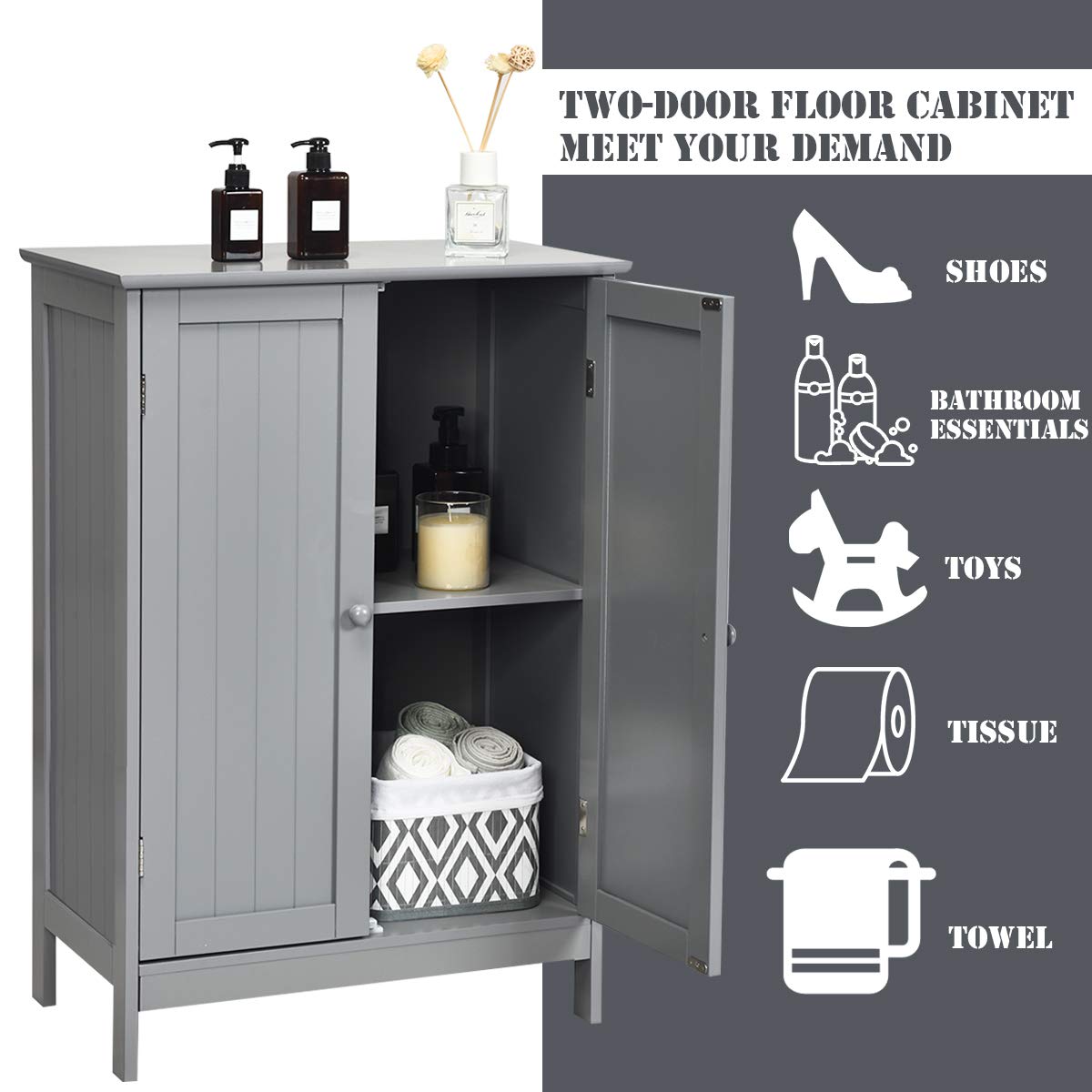 Tangkula Bathroom Floor Cabinet, Freestanding Storage Cabinet with Double Doors and Shelf, Modern Home Furniture, Wooden Home Organizer for Living Room, Bathroom Storage Cabinet, Grey