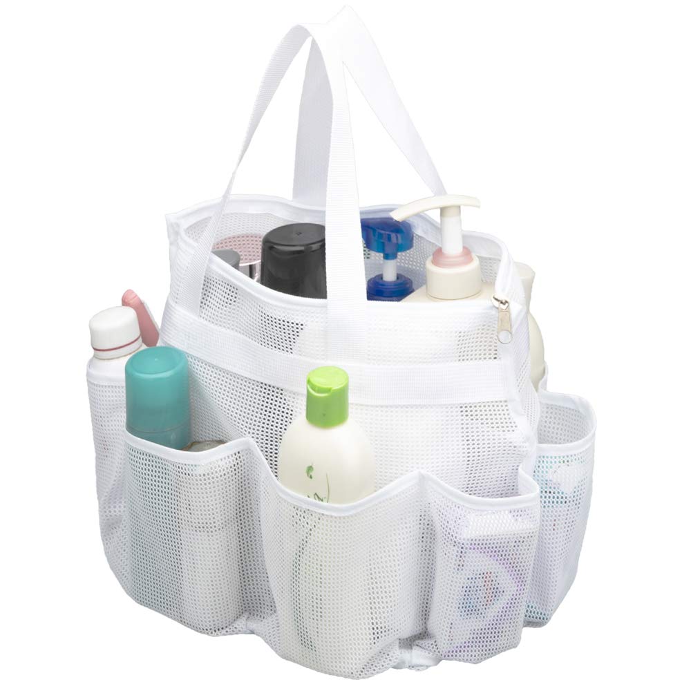 ALYER Large Mesh Dive Tote Bag with Separated Inner Compartment,Portable Shower Caddy Bath Organizer with Durable Handles and Zipper (White)