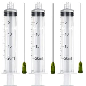 3 pack 20ml industrial plastic syringes with blunt luer lock needle 4 inch for scientific labs, glue application, measuring, refilling and transfering liquids