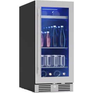 zephyr presrv 15" slim wine fridge & beverage refrigerator single zone under counter - narrow mini wine cooler small beer cabinet drink chiller freestanding with glass door, 4 bottles, 64 cans