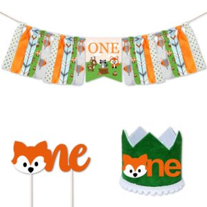 Woodland Animal 1st Birthday Decoration,Woodland Creatures High Chair Banner Baby First Birthday Crown Fox ONE Cake Toppers for Wild One Birthday Baby Shower Supplies