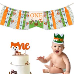 woodland animal 1st birthday decoration,woodland creatures high chair banner baby first birthday crown fox one cake toppers for wild one birthday baby shower supplies