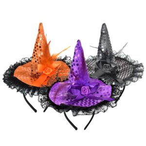 zeedix 3 pcs halloween witch feather hat headband- cute witch headpiece for halloween costume dress up masquerade supplies(orange,purple,black)