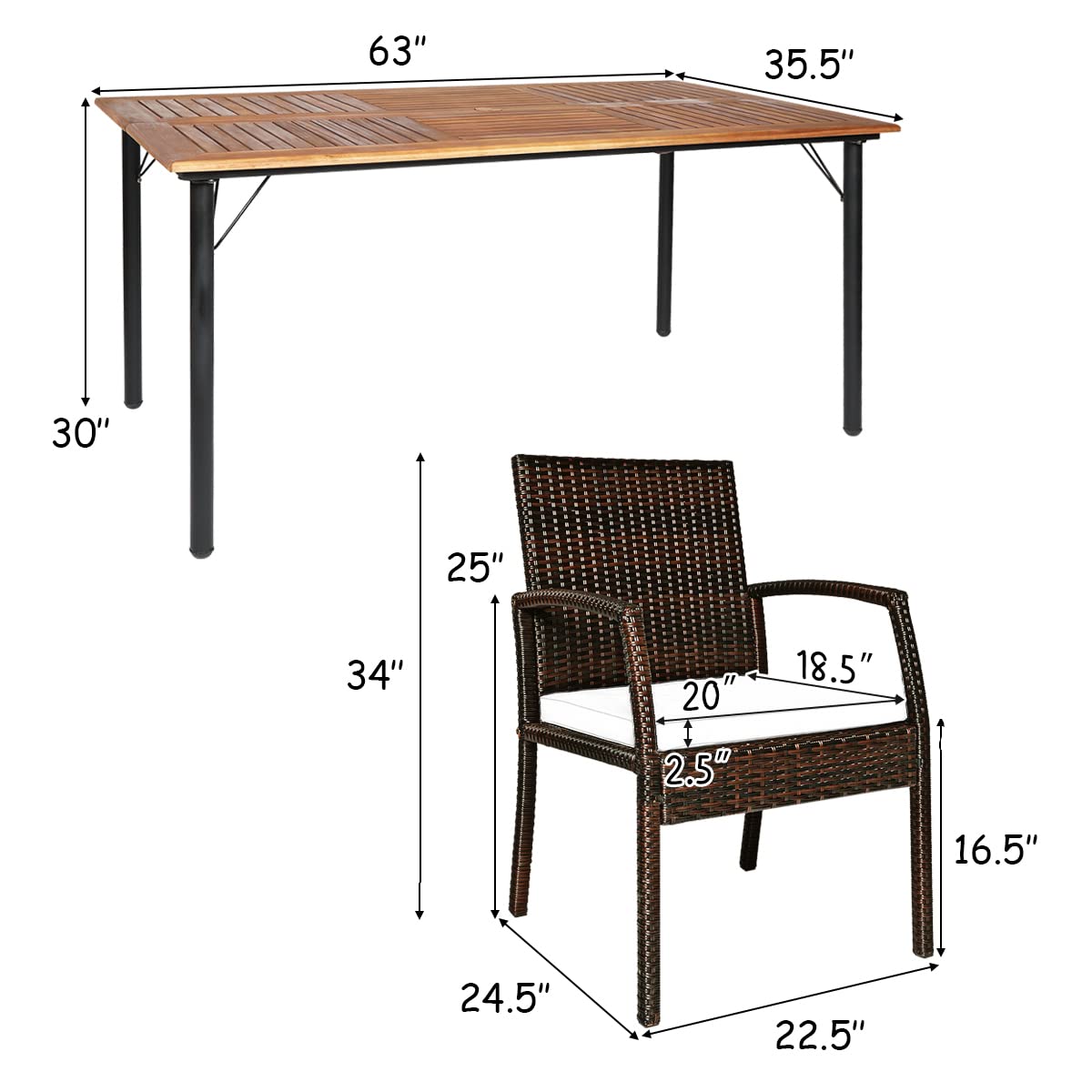 Tangkula 7 Pieces Patio Dining Set, Acacia Wood Wicker Dining Furniture Set with Sturdy Steel Frame & Umbrella Hole, Outdoor Dining Table Chair Set with Removable Cushions for Backyard, Garden (White)