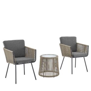 Barton 3 Pieces Wicker Chair Set w/Glass Table Gray Outdoor Patio Furniture Wicker Rattan Modern Conversation Chat Seating