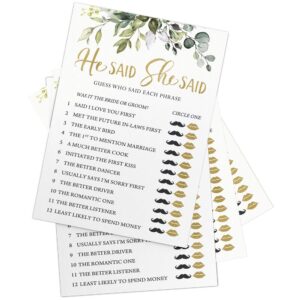 Printed Party Bridal Shower Games – He Said She Said Game with Fun Bride and Groom Trivia, Wedding Shower Activity, Botanical Eucalyptus Theme, 50 Guests