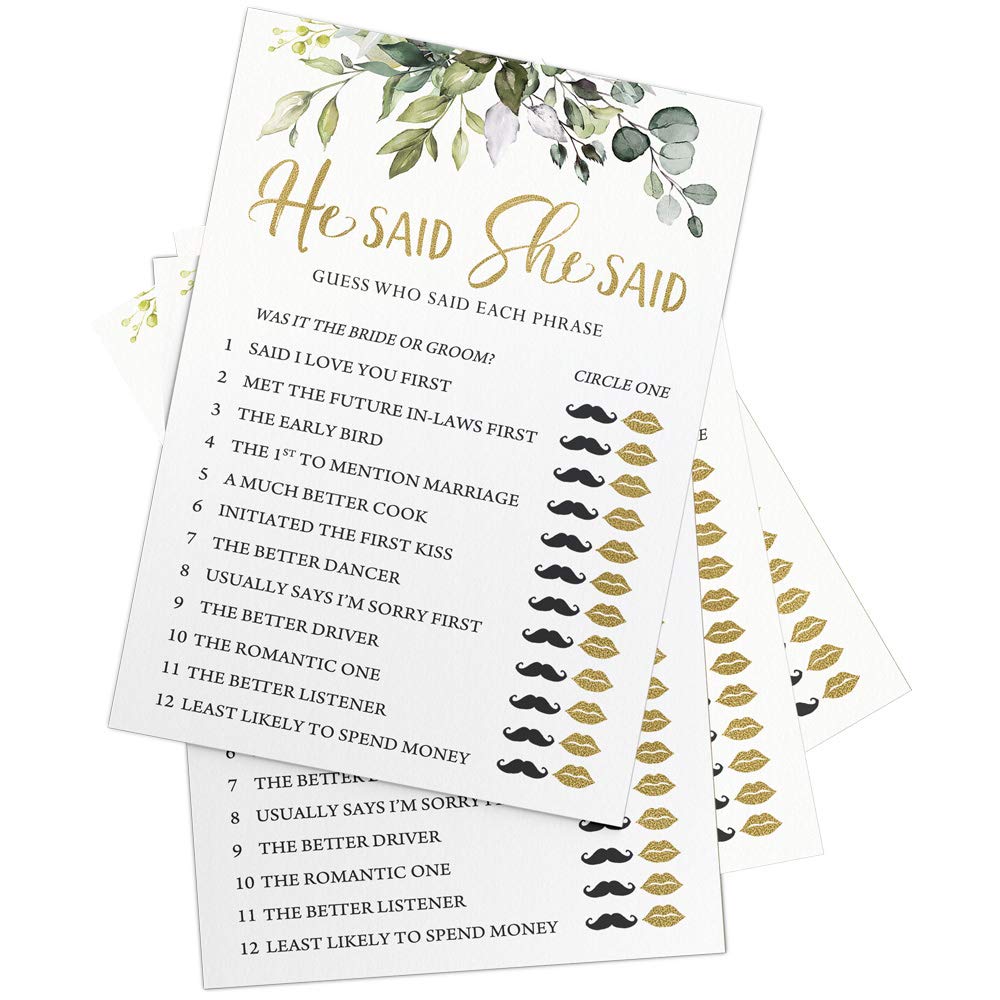 Printed Party Bridal Shower Games – He Said She Said Game with Fun Bride and Groom Trivia, Wedding Shower Activity, Botanical Eucalyptus Theme, 50 Guests