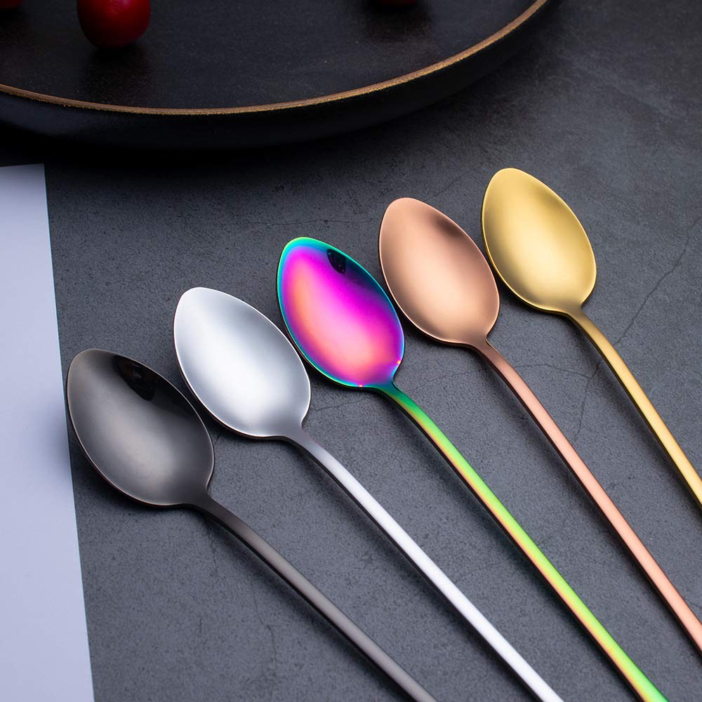 Long Handle Tea Spoon, Stainless Steel Multicolored Spoon Iced Tea Spoons for Mixing Ice Cream Coffee Spoon Milkshake Dessert Spoon Cocktail Stirring Spoons Set of 5.