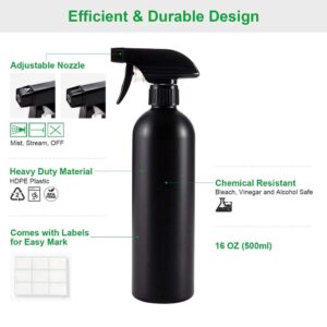 Cindy's Tape Plastic Spray Bottles Black for Cleaning Solutions 16 oz (Pack of 4), Heavy Duty Opaque Refillable Reusable Empty anti-degradation Leak-proof Sprayers for Home Garden Plant Kitchen