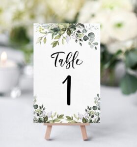 printed party table card numbers set, 1-40 and head table card, greenery