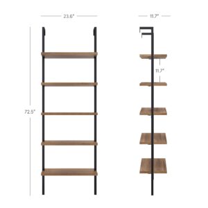 Nathan James Theo 5-Shelf Oak Wood Modern Bookcase, Open Wall Mount Ladder Bookshelf with Industrial Black Metal Frame