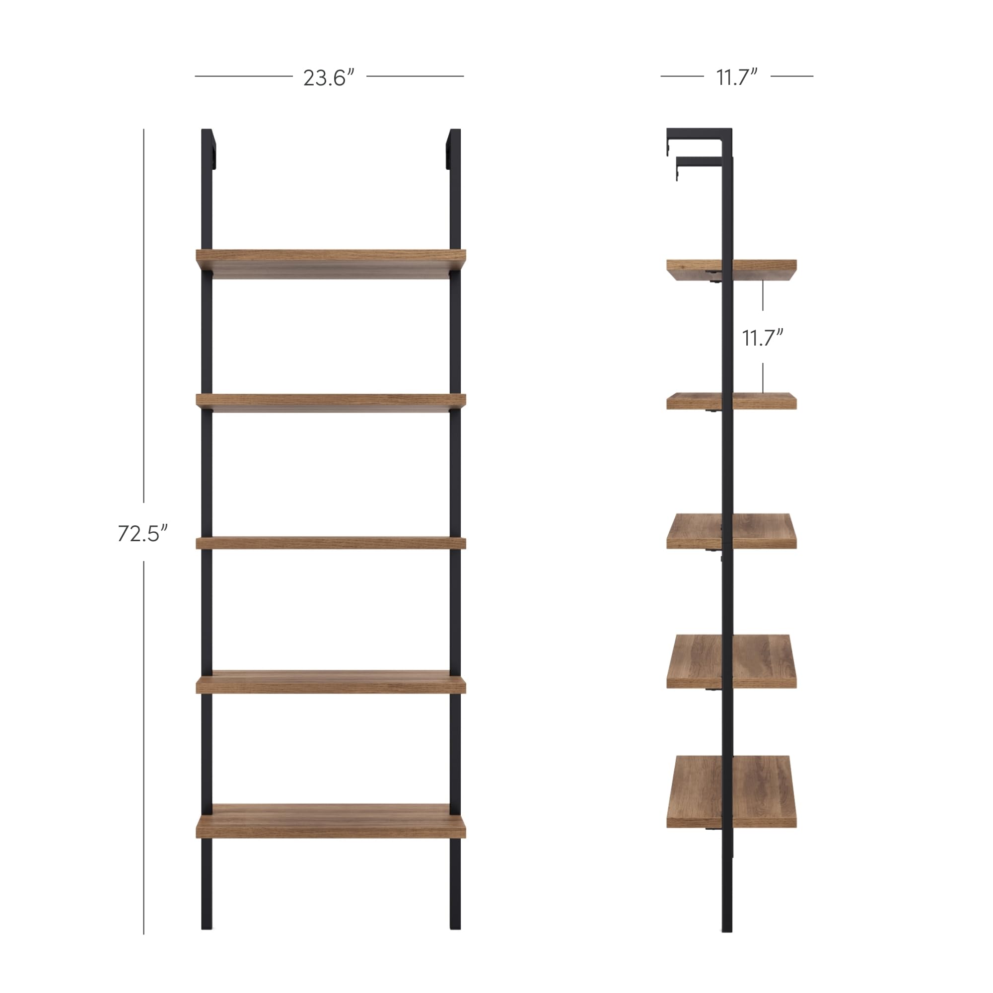 Nathan James Theo 5-Shelf Oak Wood Modern Bookcase, Open Wall Mount Ladder Bookshelf with Industrial Black Metal Frame