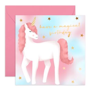 central 23 - unicorn birthday card - 'have a magical birthday' - pink gift for girls - cute design - pretty happy birthday card - for daughter granddaughter- comes with fun stickers