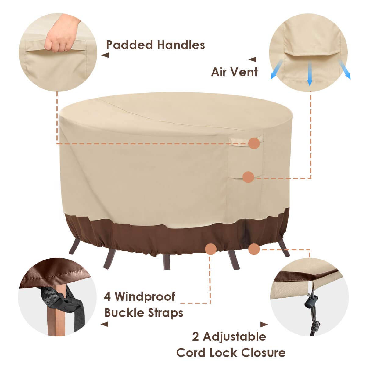 Vailge Round Patio Furniture Covers, 100% Waterproof Outdoor Table Chair Set Covers, Anti-Fading Cover for Outdoor Furniture Set, UV Resistant, 72"DIAx28"H, Beige & Brown