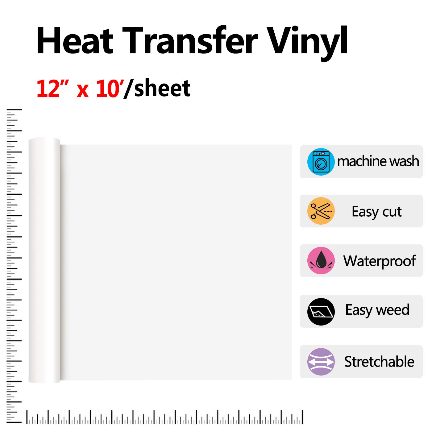 RENLITONG White HTV Iron on Vinyl 12Inch by 10ft Roll HTV Heat Transfer Vinyl for T-Shirt HTV Vinyl Rolls for All Cutter Machine - Easy to Cut & Weed for Heat Vinyl Design