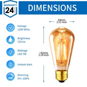 ANWIO Vintage Edison Light Bulb ST21 LED Filament Bulb 7W(60 Watt Equivalent) Dimmable 2500K (Amber Glow) Warm White E26 Medium Base, Amber Glass Cover,6 Pack