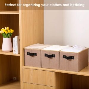 Qozary 3 Pack Storage Baskets for Shelves, No Smell Storage Bins for Closet Shelves, Fabric Cube Boxes with Handles for Organizing Home Closet, Office, Toys (Brown, Large)