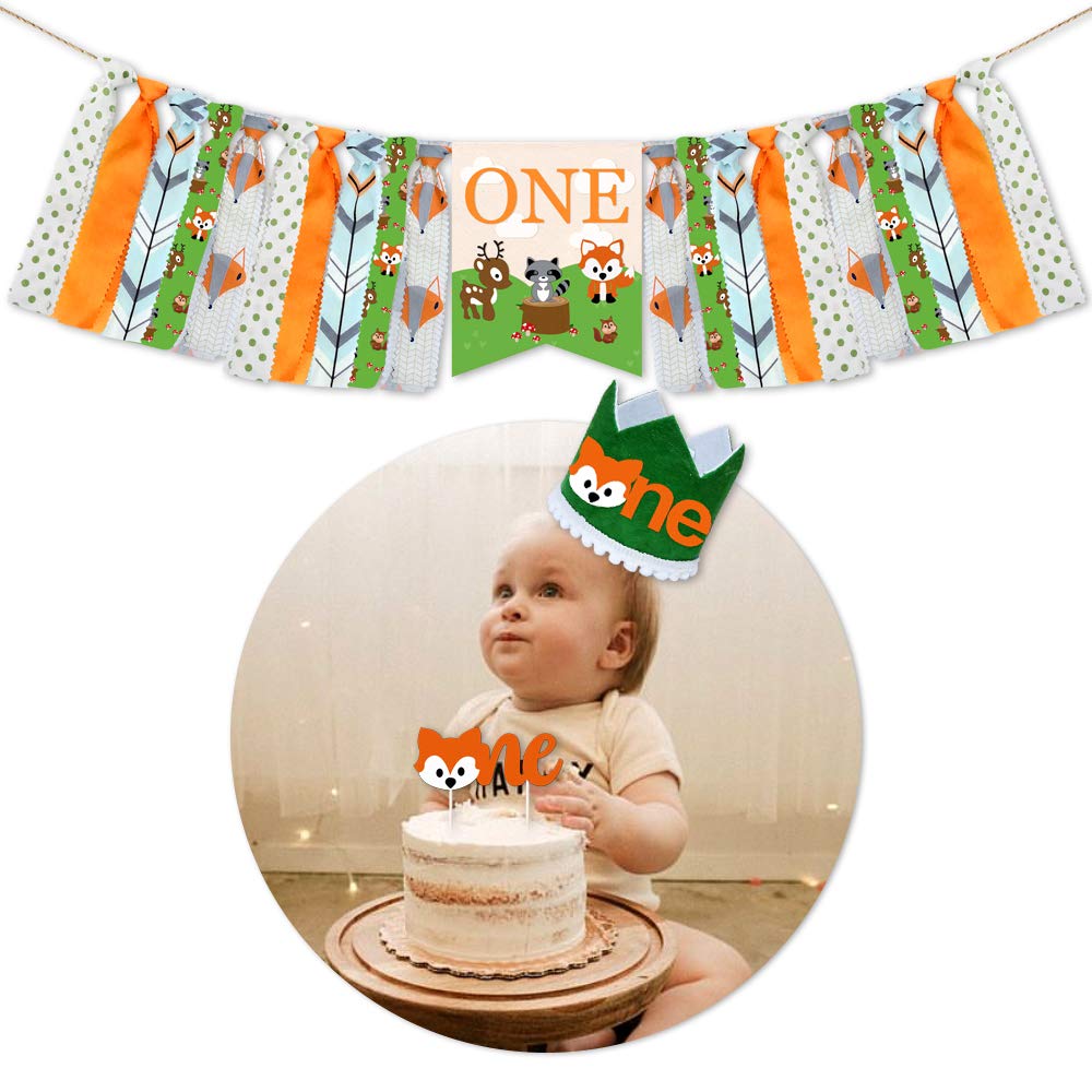 Woodland Animal 1st Birthday Decoration,Woodland Creatures High Chair Banner Baby First Birthday Crown Fox ONE Cake Toppers for Wild One Birthday Baby Shower Supplies