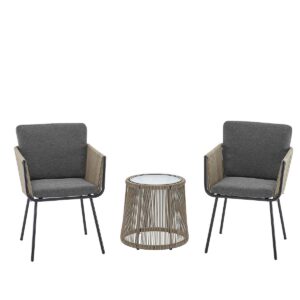 Barton 3 Pieces Wicker Chair Set w/Glass Table Gray Outdoor Patio Furniture Wicker Rattan Modern Conversation Chat Seating