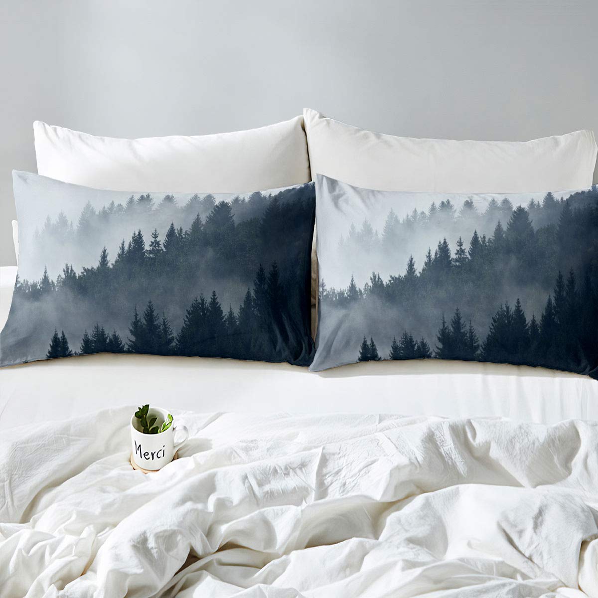 Erosebridal Smoky Mountain Duvet Cover Grey Tree Bedding Set Queen Size for Kids Boys Teens Branches Plant Mountain Comforter Cover Coniferous Natural Bedspread Cover with Zipper Bedclothes