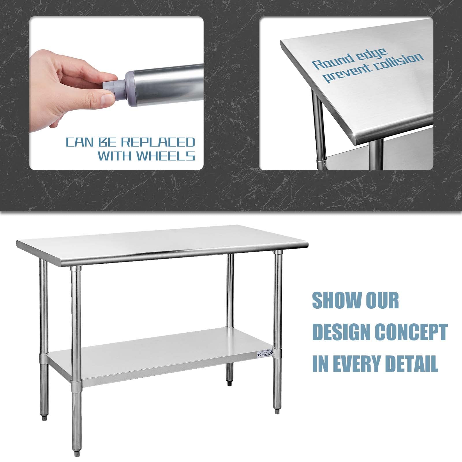 HALLY Stainless Steel Table for Prep & Work 24 x 48 Inches, NSF Commercial Heavy Duty Table with Undershelf and Galvanized Legs for Restaurant, Home and Hotel