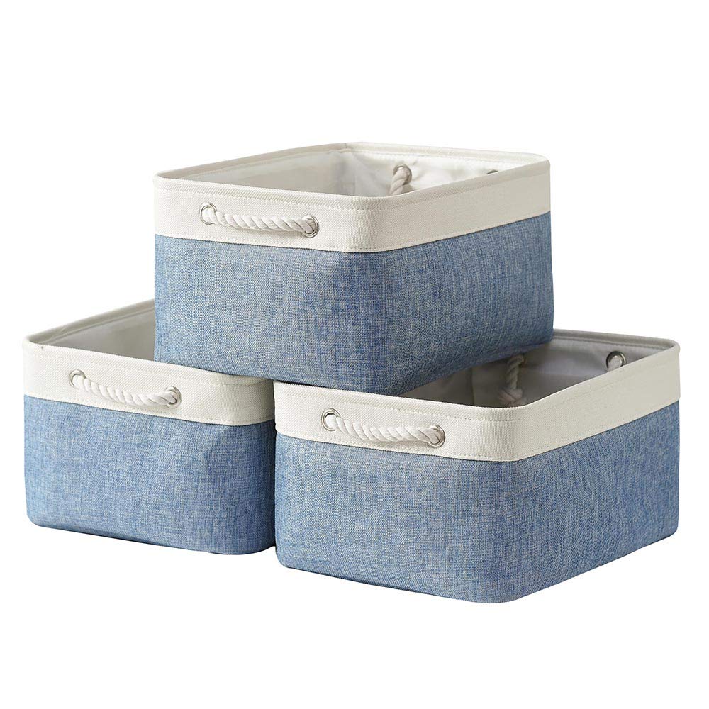 pulnimus Large Foldable Storage Baskets Collapsible Sturdy[3-Pack] Fabric Storage Baskets with Handles for Organizing Shelf Nursery Home Closet & Office 15.7”Lx11.8”Wx8.3”H,White Blue