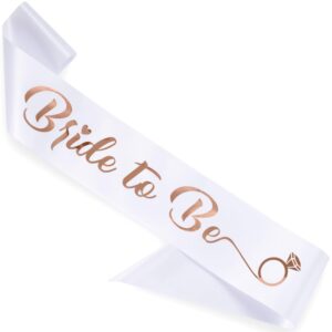 corrure 'bride to be' bachelorette party sash - bridal shower white satin sash with rose gold foil lettering - hen party decorations supplies accessories, wedding engagement party favors gift