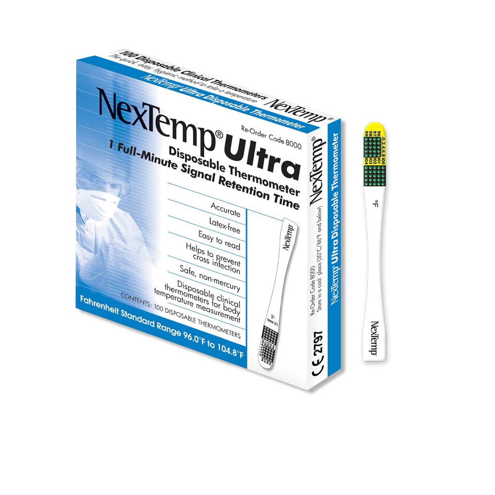 NexTemp Ultra Single-Use Thermometers - Individually Wrapped Disposable First Aid Supplies, High-Accuracy Reading, For Business, School, and Healthcare Use, Fahrenheit, 100-Pack, by Medical Indicators