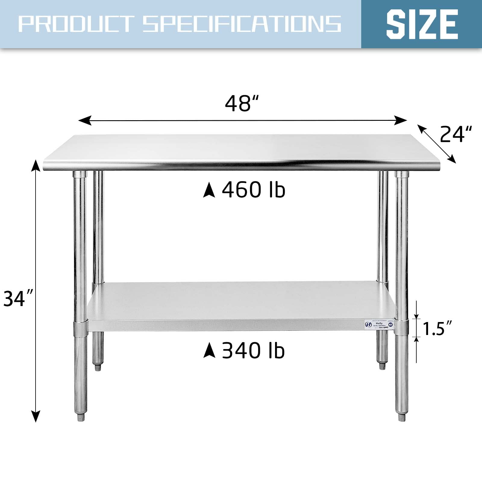 HALLY Stainless Steel Table for Prep & Work 24 x 48 Inches, NSF Commercial Heavy Duty Table with Undershelf and Galvanized Legs for Restaurant, Home and Hotel