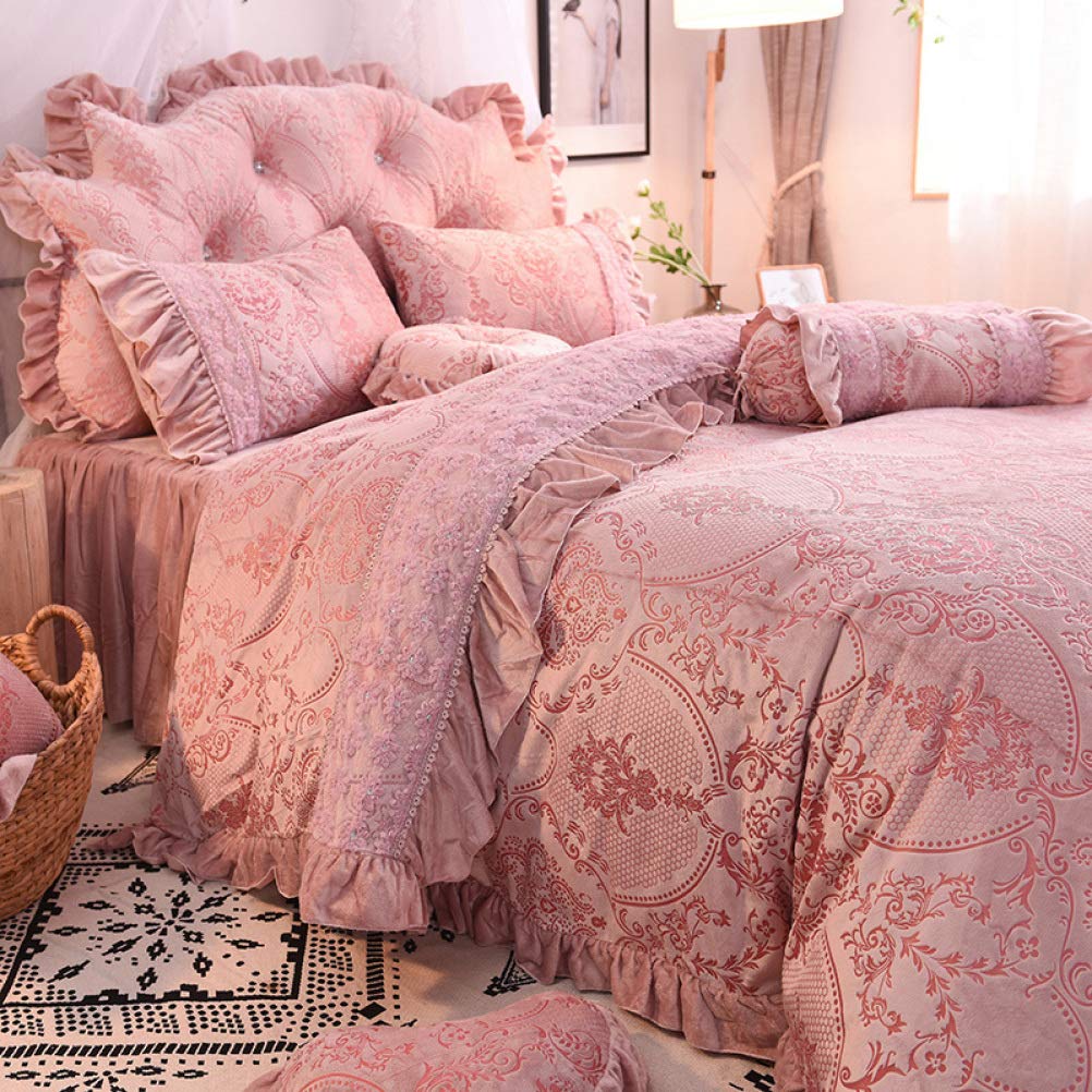 YURASIKU Princess Bedding Set Soft Fleece Jacquard Duvet Cover Set Romantic Lace Flower Design Ruffle Comforter Cover Set with Bed Skirt Girls Queen Size Light Pink