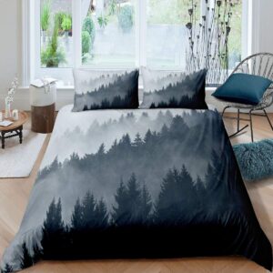 erosebridal smoky mountain duvet cover grey tree bedding set queen size for kids boys teens branches plant mountain comforter cover coniferous natural bedspread cover with zipper bedclothes