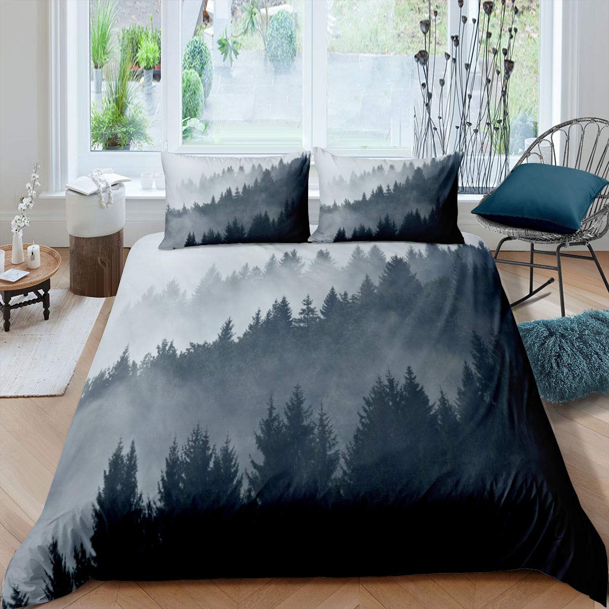 Erosebridal Smoky Mountain Duvet Cover Grey Tree Bedding Set Queen Size for Kids Boys Teens Branches Plant Mountain Comforter Cover Coniferous Natural Bedspread Cover with Zipper Bedclothes