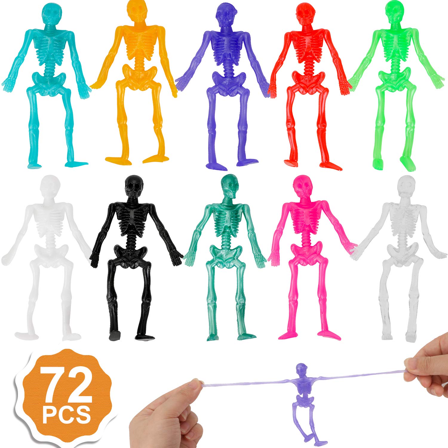 Konsait 72 Pack Stretchy Skeletons Stretchy Toys Bulk Set, Random 10 Glitter Color Sensory Bendable Toys, Party Favors for Kids Halloween Birthday Gift, Goodie Bags, Pinata Filler, Classroom Prizes