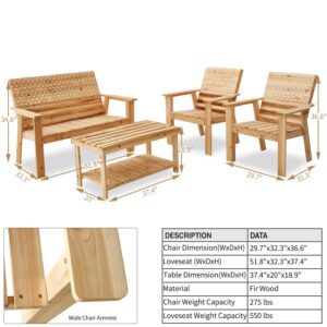 PatioFestival Patio Conversation Sets 4Pcs Wooden Grain Outdoor Furniture Sets with Star Pattern Back Wide Armrest, Chairs & Coffee Table