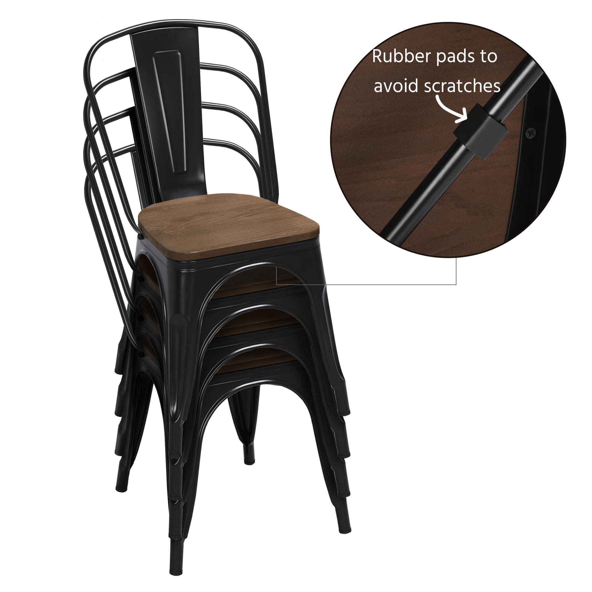 Topeakmart Metal Chairs, Dinning Room Chairs, Indoor-Outdoor Chairs, Stackable Side Chairs, Industrial Chairs with Back and Wood Seat/Top Set of 4,Black