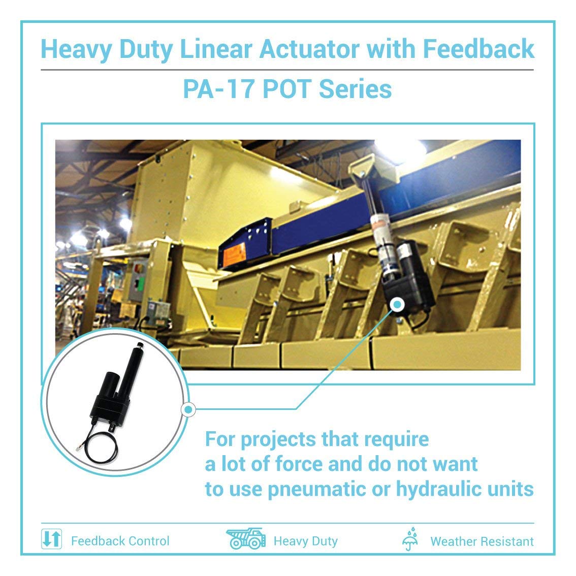 Progressive Automations 24V High Force Linear Actuator - 24 Inches, 2000 lbs Force Linear Actuator - Heavy Duty Linear Actuator with Feedback Potentiometer IP65 Protection for Industrial Use, PA-17