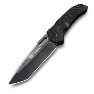 tyger k4 edc folding pocket knife | stone-washed aus-8 steel blade with black titanium ion carbide coating | black g-10 handle | tg-kf7a2858