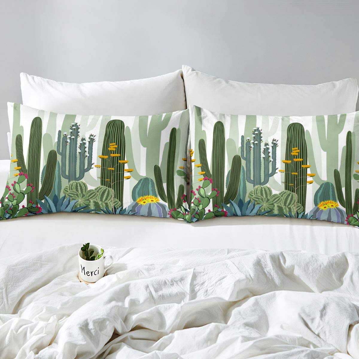 Erosebridal Cactus Duvet Cover Queen Prickly Pear Bedding Set Desert Plant Yellow Red Flower Quilt Cover Botanical Green Leaves Garden Style Comforter Cover, Decorative Soft Microfiber