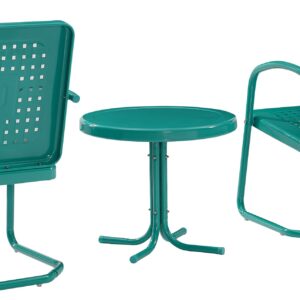 Crosley Furniture Bates 3-Piece Outdoor Chair and Side Table Set, Retro Metal Bistro Patio Conversation Sets, Turquoise Gloss