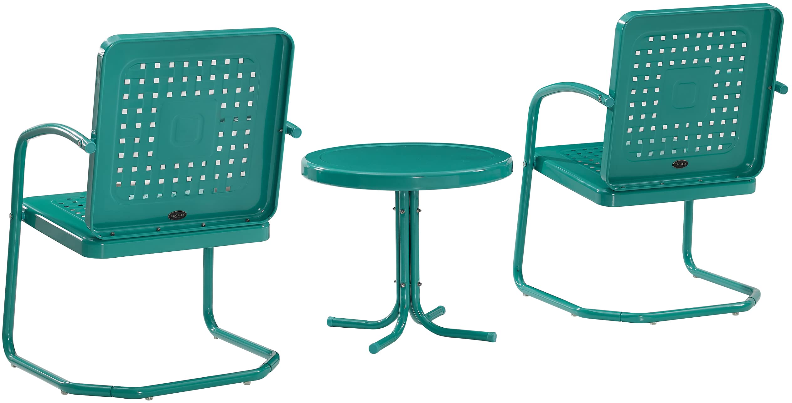 Crosley Furniture Bates 3-Piece Outdoor Chair and Side Table Set, Retro Metal Bistro Patio Conversation Sets, Turquoise Gloss