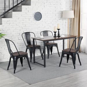 Topeakmart Metal Chairs, Dinning Room Chairs, Indoor-Outdoor Chairs, Stackable Side Chairs, Industrial Chairs with Back and Wood Seat/Top Set of 4,Black