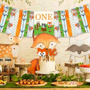 Woodland Animal 1st Birthday Decoration,Woodland Creatures High Chair Banner Baby First Birthday Crown Fox ONE Cake Toppers for Wild One Birthday Baby Shower Supplies