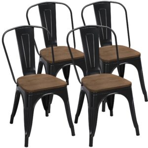 topeakmart metal chairs, dinning room chairs, indoor-outdoor chairs, stackable side chairs, industrial chairs with back and wood seat/top set of 4,black