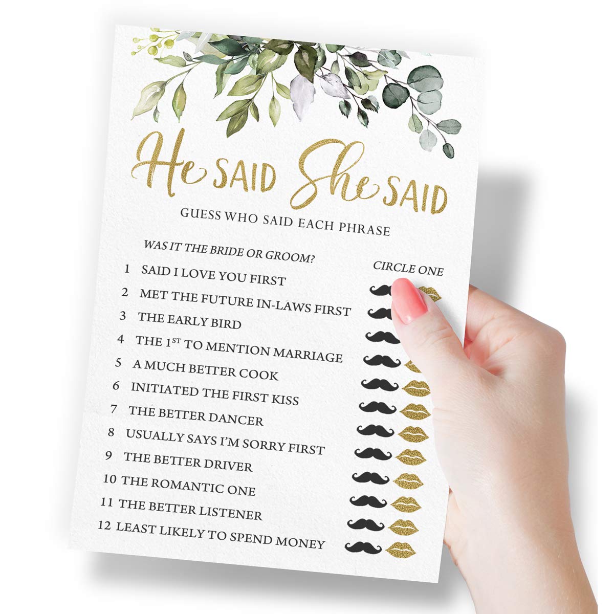 Printed Party Bridal Shower Games – He Said She Said Game with Fun Bride and Groom Trivia, Wedding Shower Activity, Botanical Eucalyptus Theme, 50 Guests