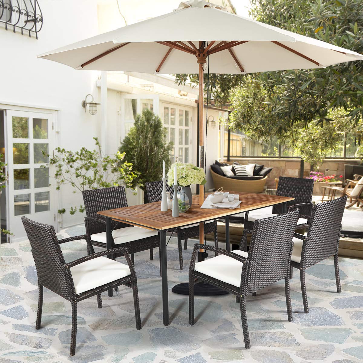 Tangkula 7 Pieces Patio Dining Set, Acacia Wood Wicker Dining Furniture Set with Sturdy Steel Frame & Umbrella Hole, Outdoor Dining Table Chair Set with Removable Cushions for Backyard, Garden (White)