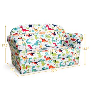 Costzon Kids Couch, Double Seat Children's Sofa w/Dinosaur Pattern, Comfortable Back, Easy to Move, Toddler Armrest Chair for Bedroom, Living Room, Soft Kids Sofa for Preschool Baby Boys Girls Gifts