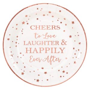 crisky cheers to love rose gold disposable plates for bridal shower, wedding, engagement, bachelorett party decorations, dessert, buffet, cake plates party supples, 50 count, 9" plate